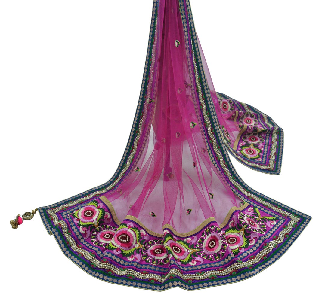 Indian Vintage Heavy Bridal Dupatta Rani Pink Net Mesh Long Stole Hand ...