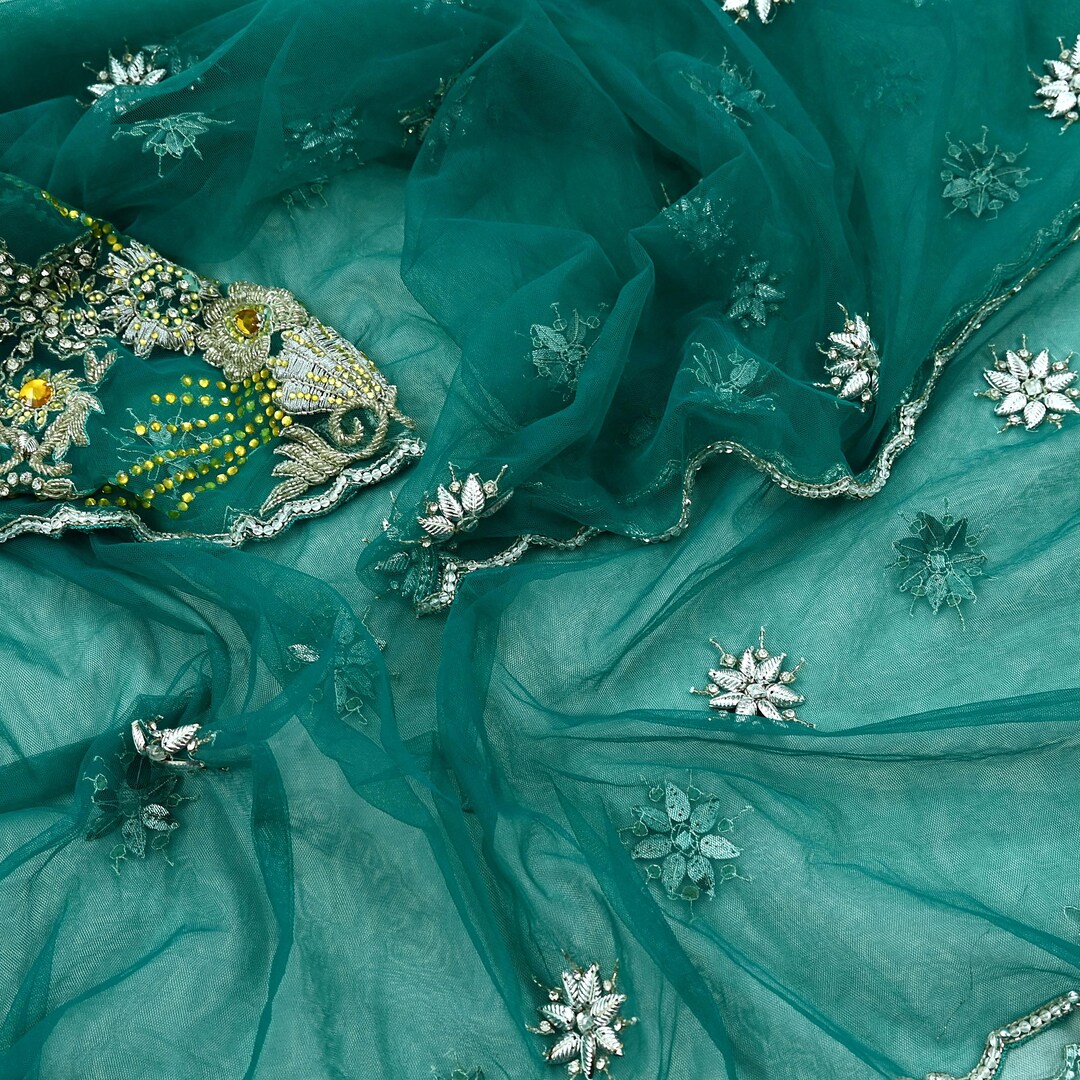 Indian Vintage Green Dupatta Net Mesh Long Stole Hand Embroidered ...