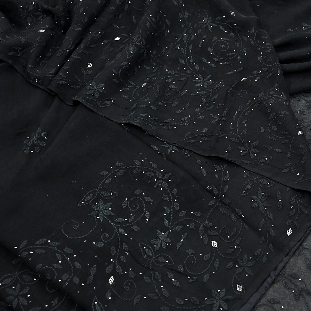 Indian Vintage Black Saree Hand Embroidered Kantha Mukesh Cotton Blend ...