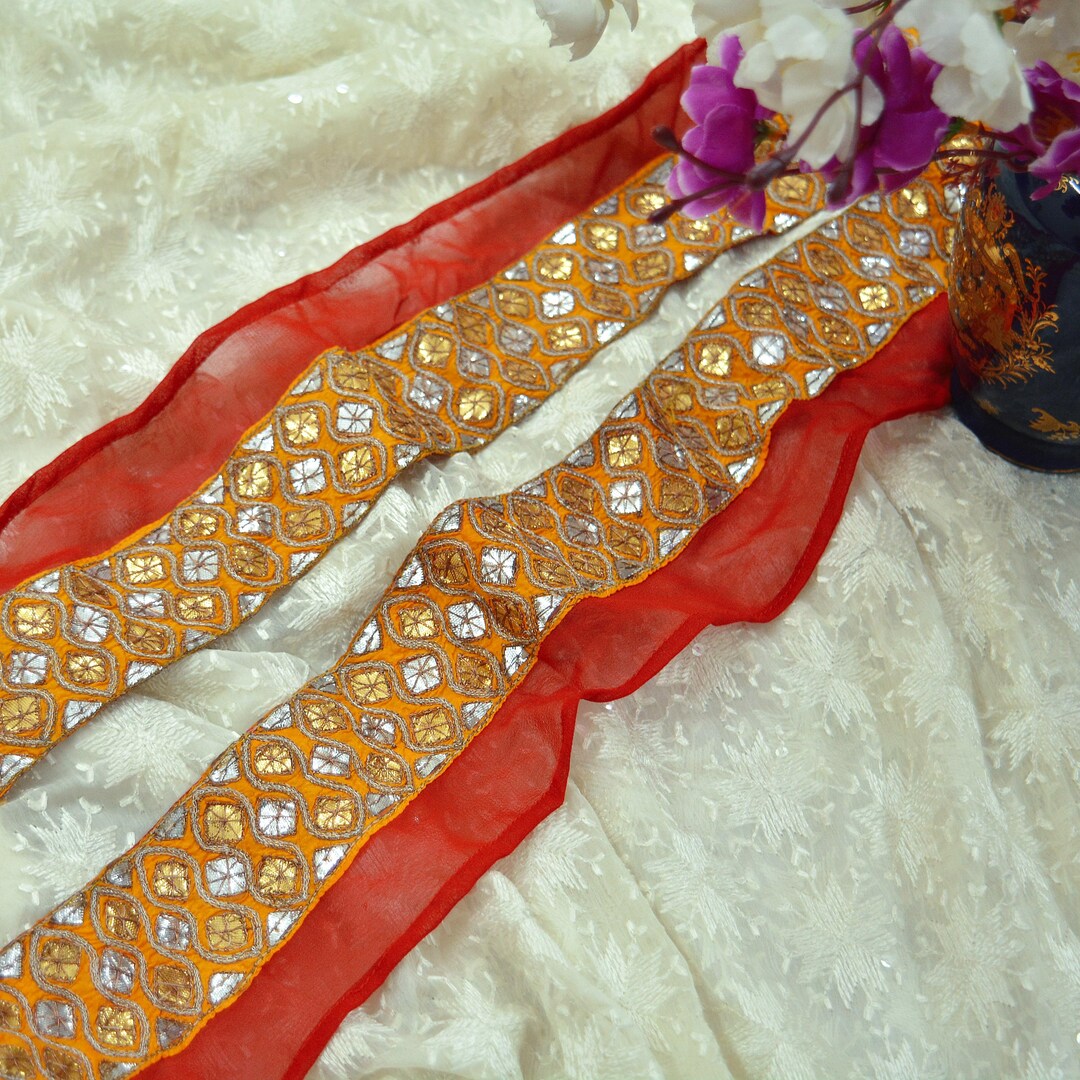 Indian Vintage Red & Saffron Sari Border Hand Embroidered Craft Trim ...