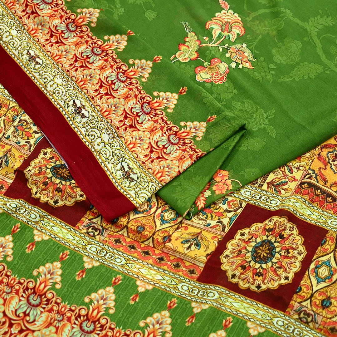 Vintage Sari Green Georgette Digital Printed Saree Sewing 6yard Craft ...