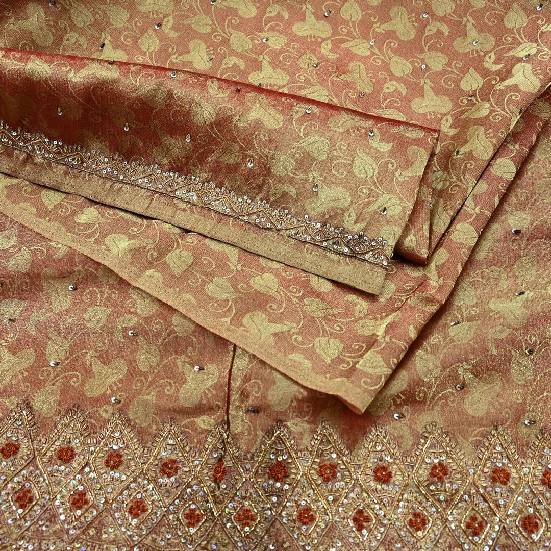 Indian Vintage Sari Golden Tissue Hand Embroidered Sarees Craft Fabric ...