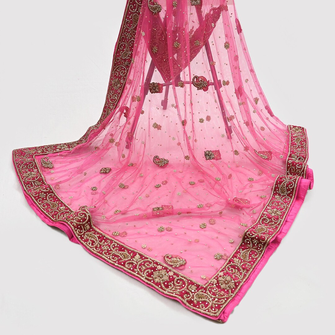 Indian Vintage Heavy Pink Dupatta Net Mesh Long Stole Hand Embroidered ...