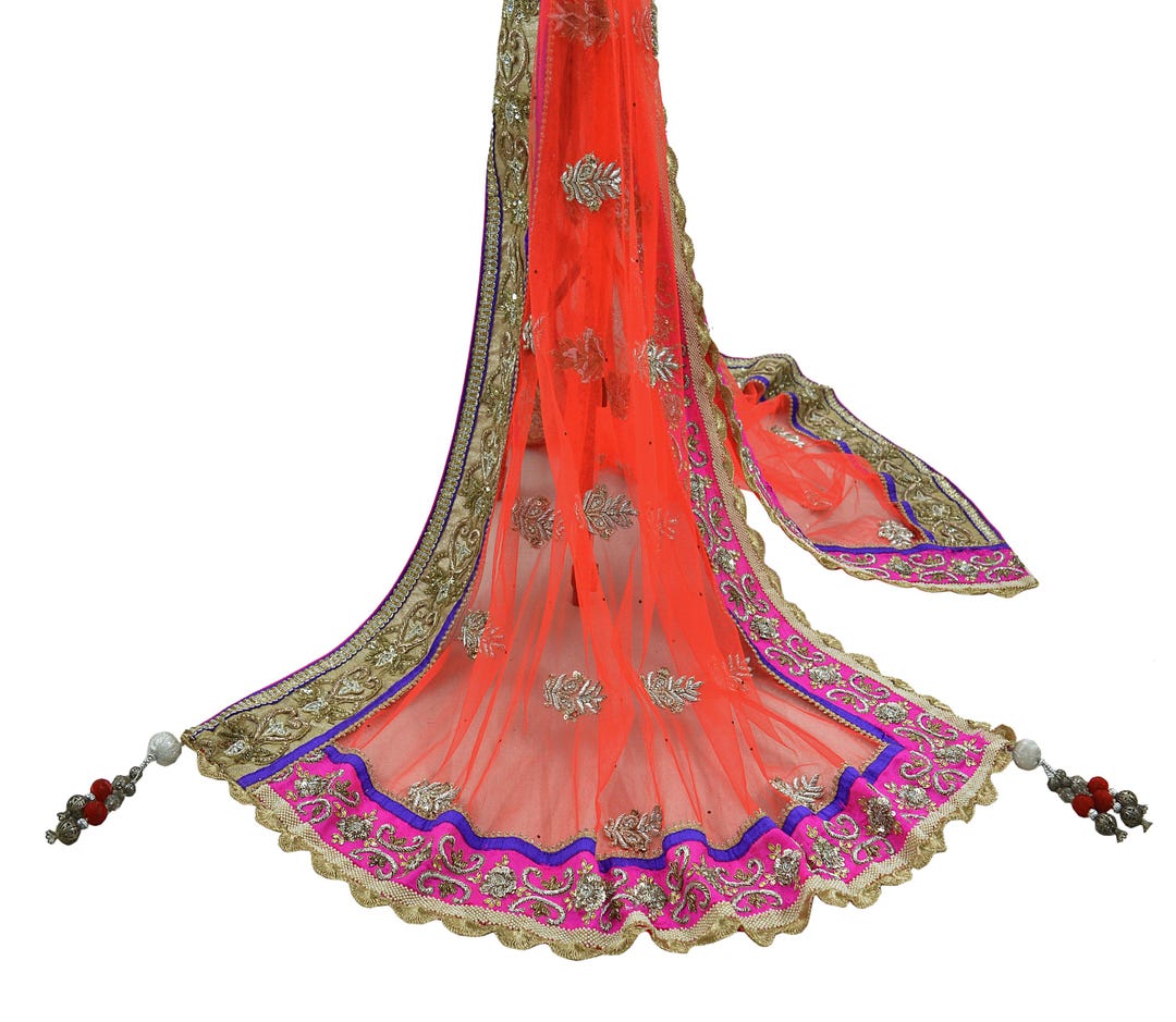 Indian Vintage Heavy Bridal Red Dupatta Net Mesh Long Stole Hand ...
