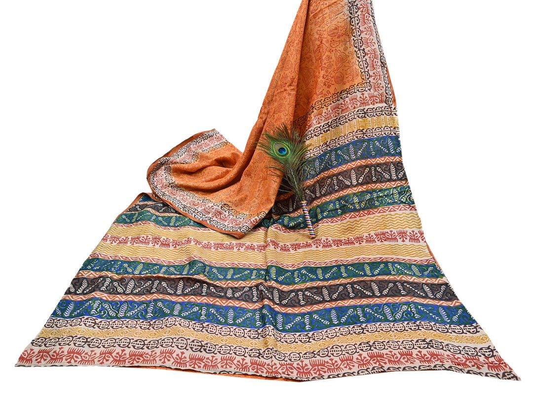 Indian Vintage Saffron Saree Pure Khadi Silk Handloom Warli Printed ...