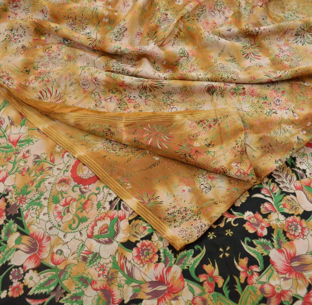 Indian Vintage Saffron & Beige Saree Pure Silk Printed Indian Sari ...