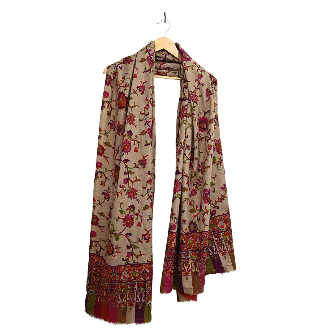 Indian Vintage Beige Shawl Floral Hand Embroidered Pure Wool Wrap ...