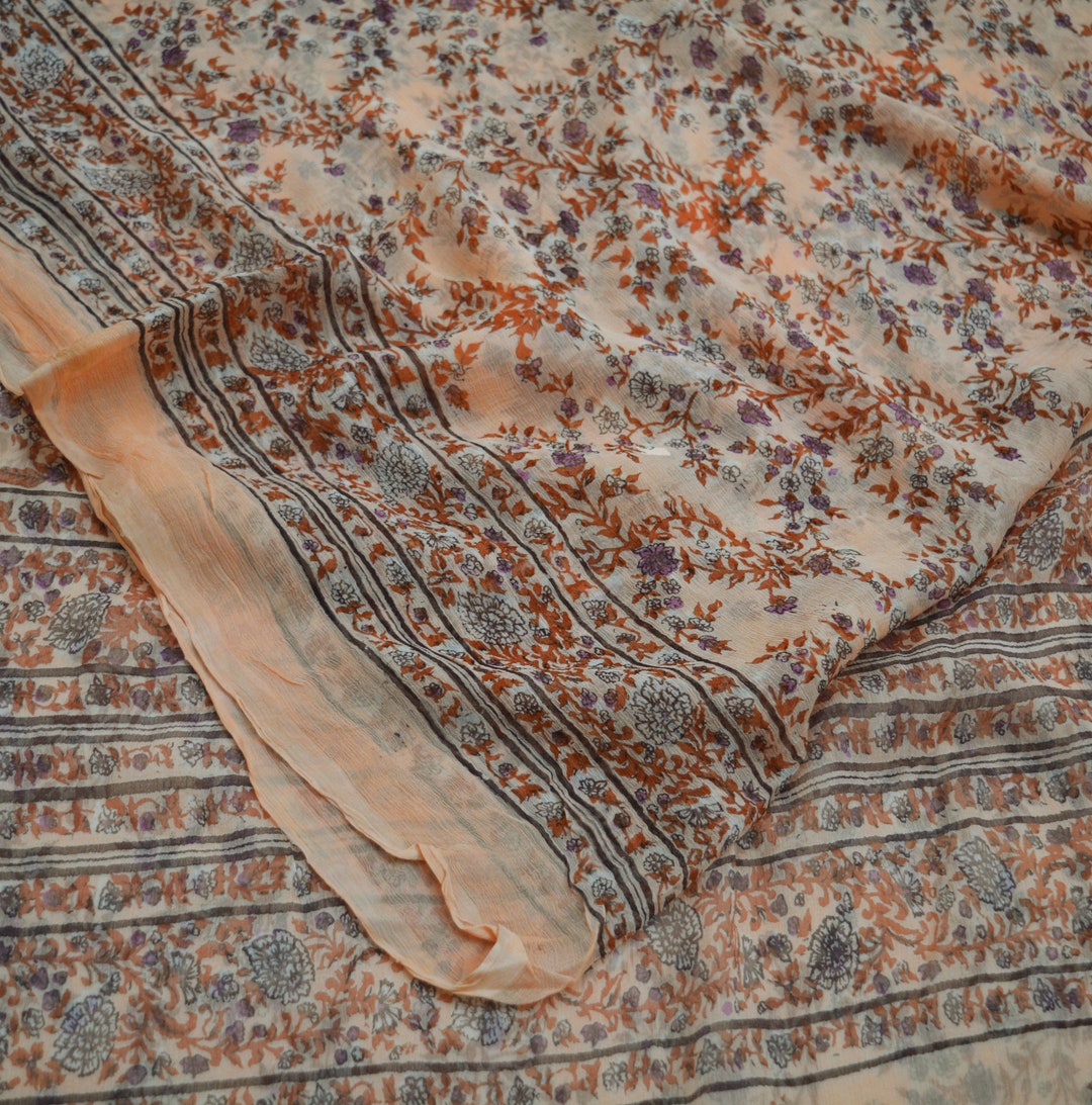 FREE SHIPPING Vintage Peach Saree Blend Chiffon Printed Sari Sewing 5yd ...