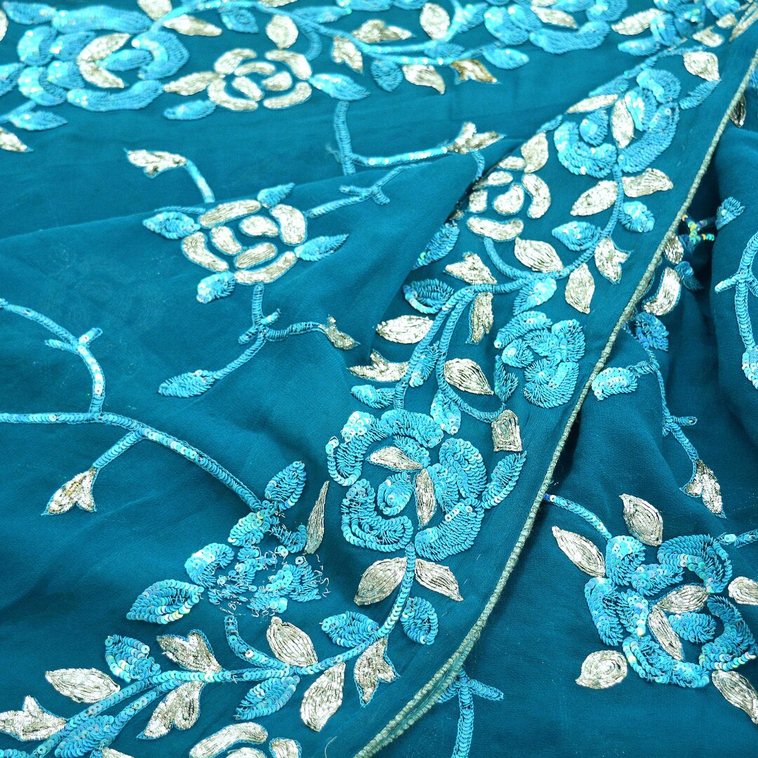Indian Vintage Heavy Sari Blue Pure Georgette Silk Hand Beaded Sarees ...
