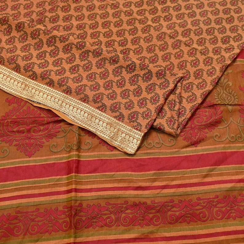 Indian Vintage Sari Red & Saffron 100% Pure Silk Printed Saree Craft ...