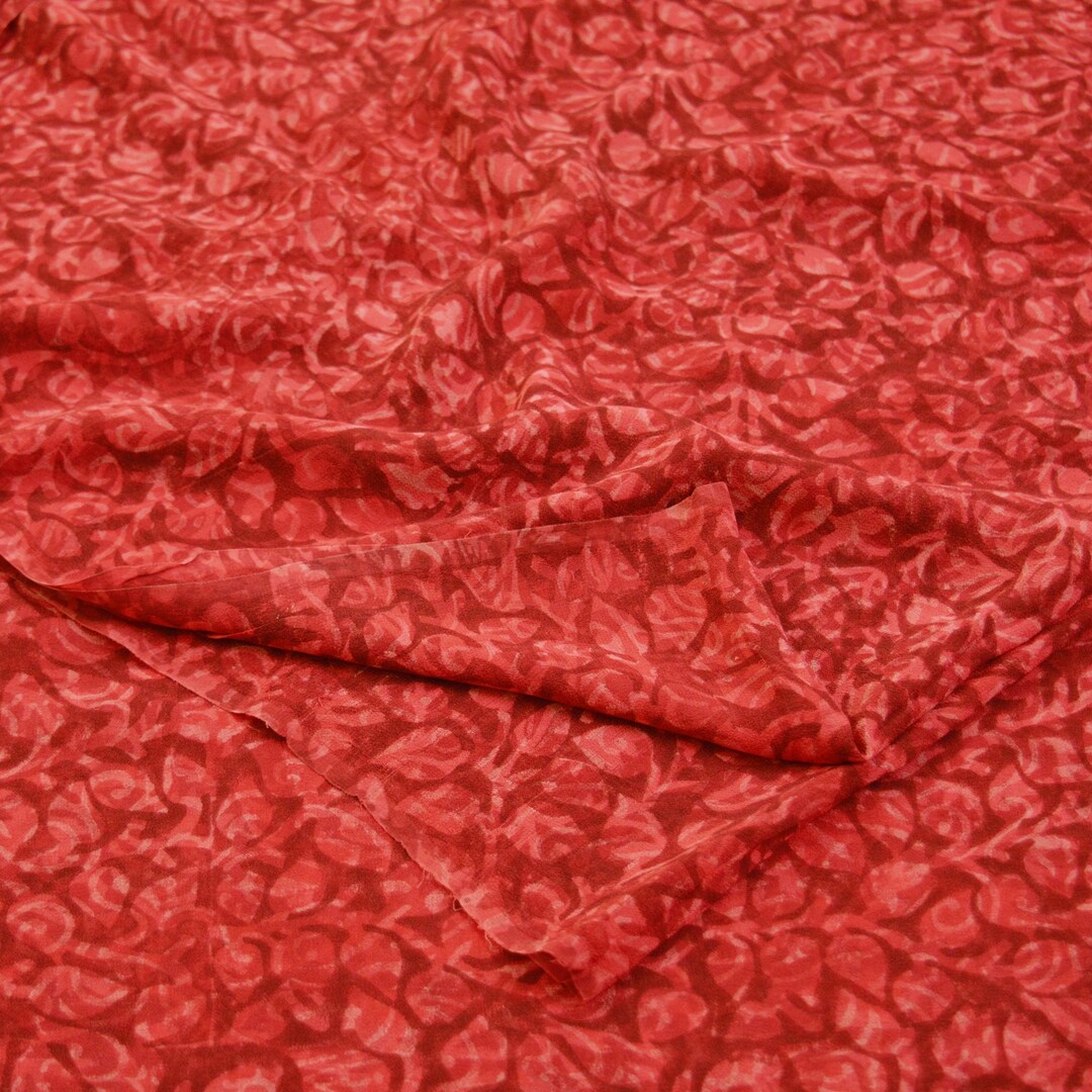 Vintage Red Saree Pure Georgette Silk Printed Sari Sewing 6yd Craft ...