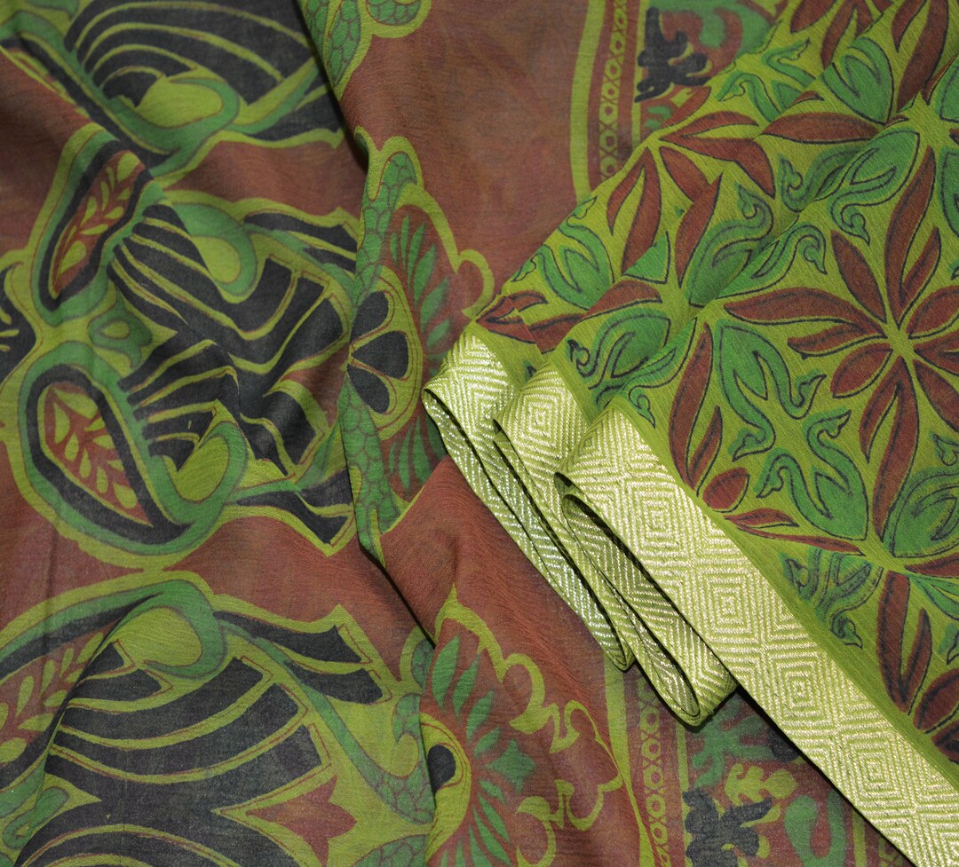 Indian Women Vintage Sari Green Georgette Printed Saree Sewing 5yard ...