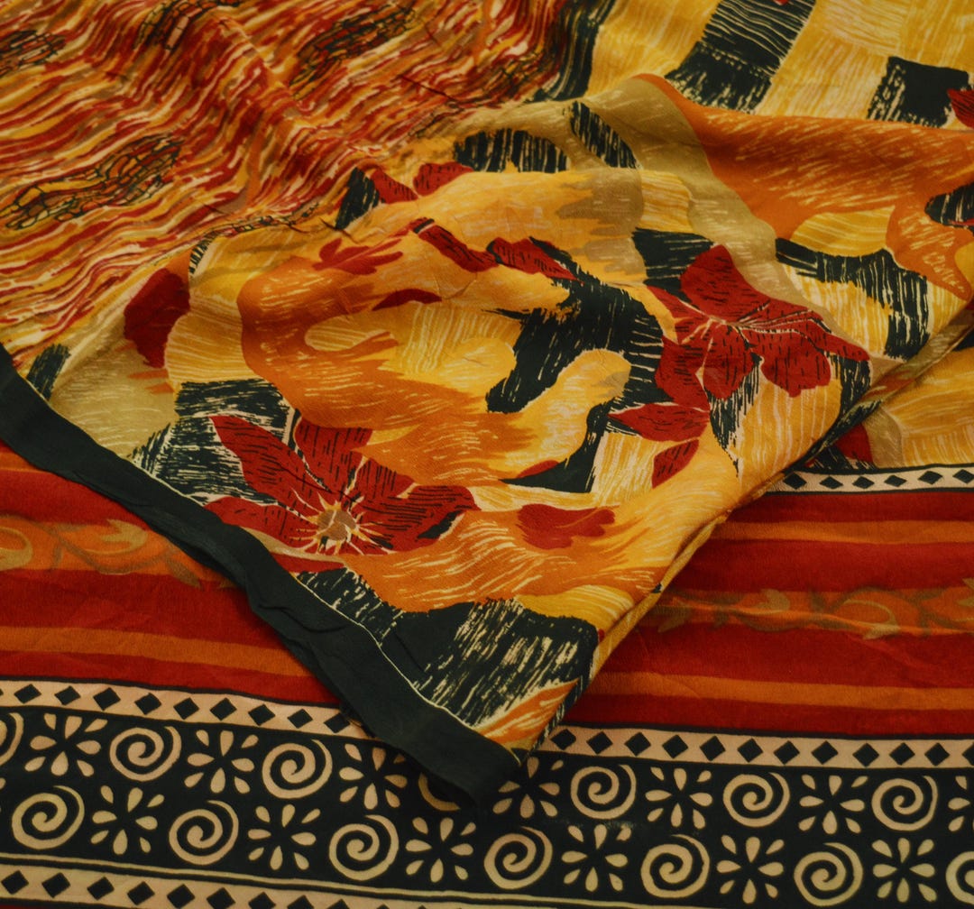 Indian Vintage Sari Black & Saffron Pure Crepe Silk Printed Saree 5yard ...