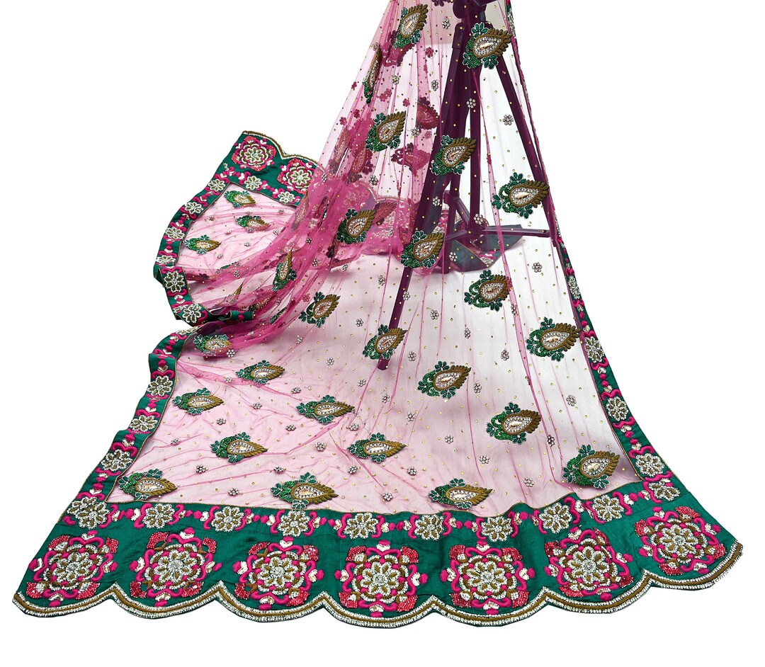 Indian Vintage Heavy Bridal Pink Dupatta Net Mesh Long Stole Hand ...