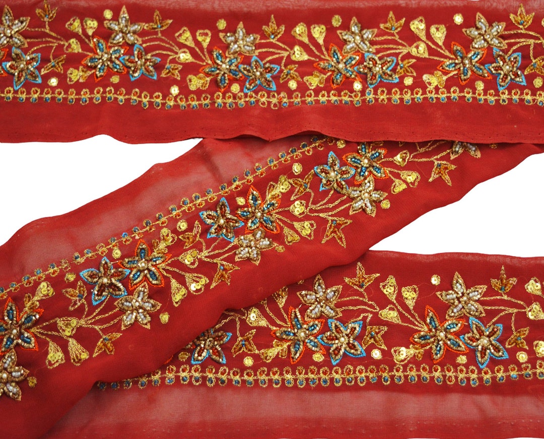 Indian Vintage Red Saree Border Hand Embroidered Ari Work Craft Trim ...