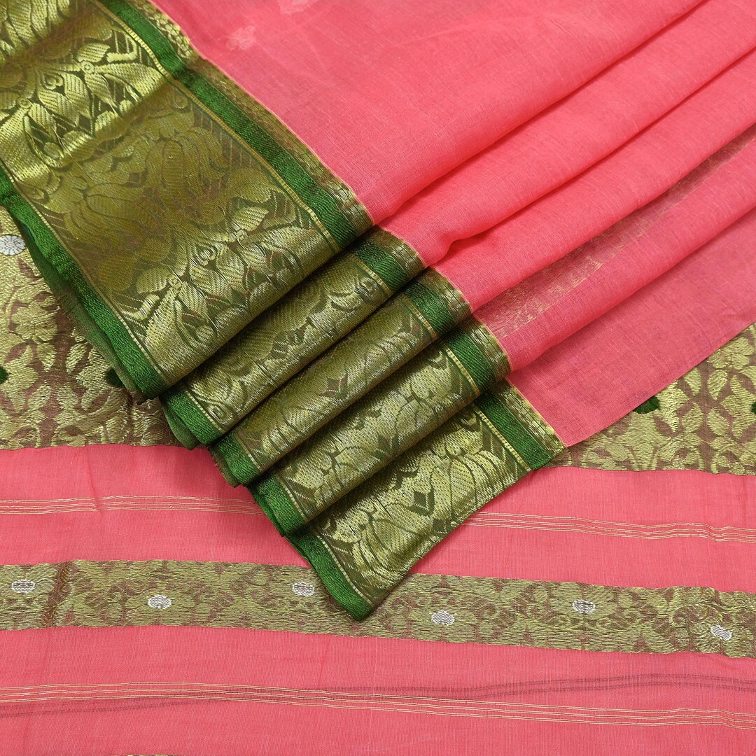 Vintage Sari Peach Pure Cotton Hand Woven Saree Zari 5yard Soft Floral ...