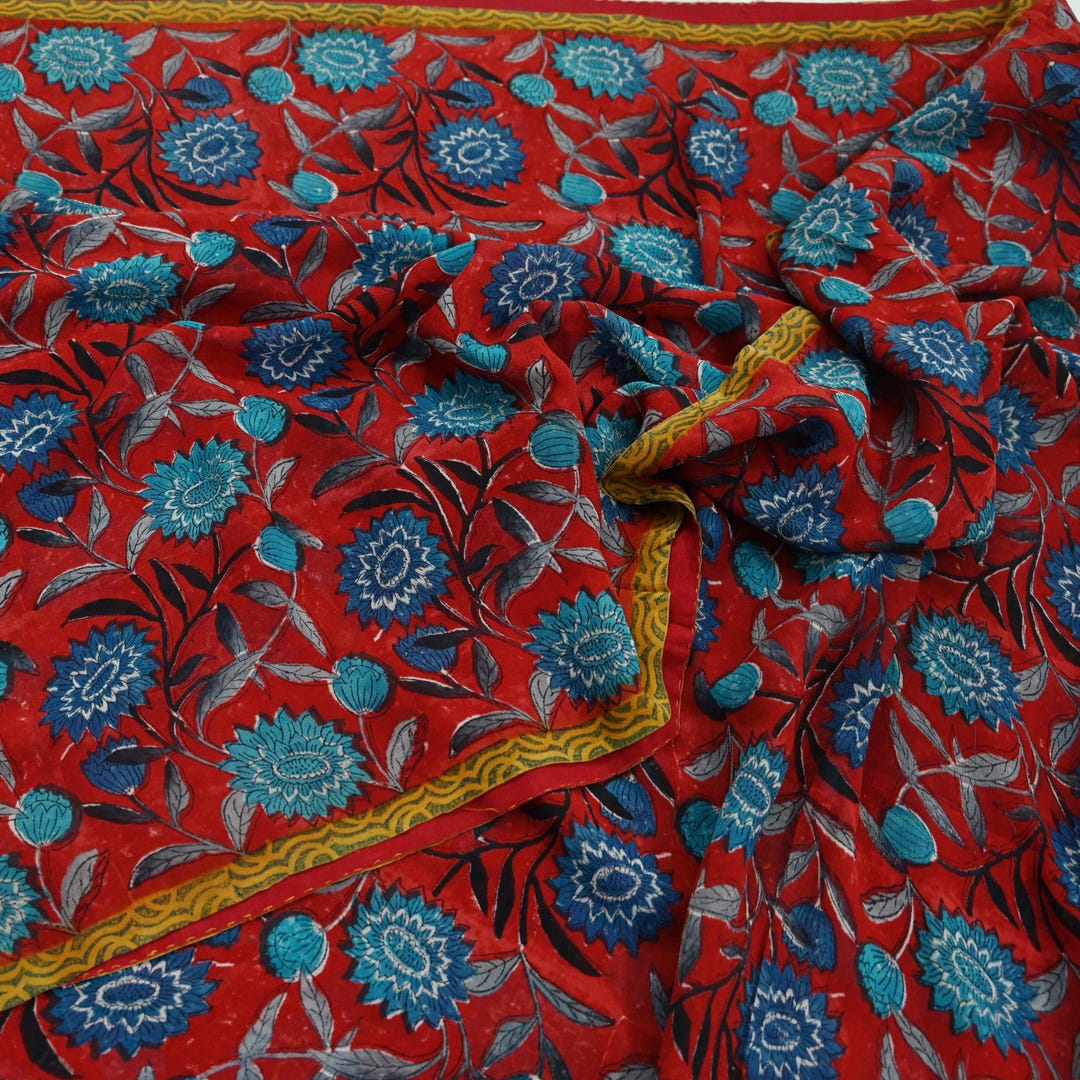 Indian Vintage Red & Blue Saree 100% Pure Georgette Silk Block Printed ...