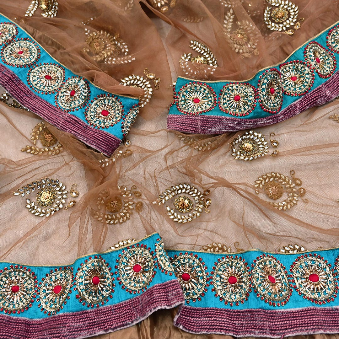 Indian Vintage Heavy Wedding Brown Net/mesh Hand Embroidered Dupatta ...