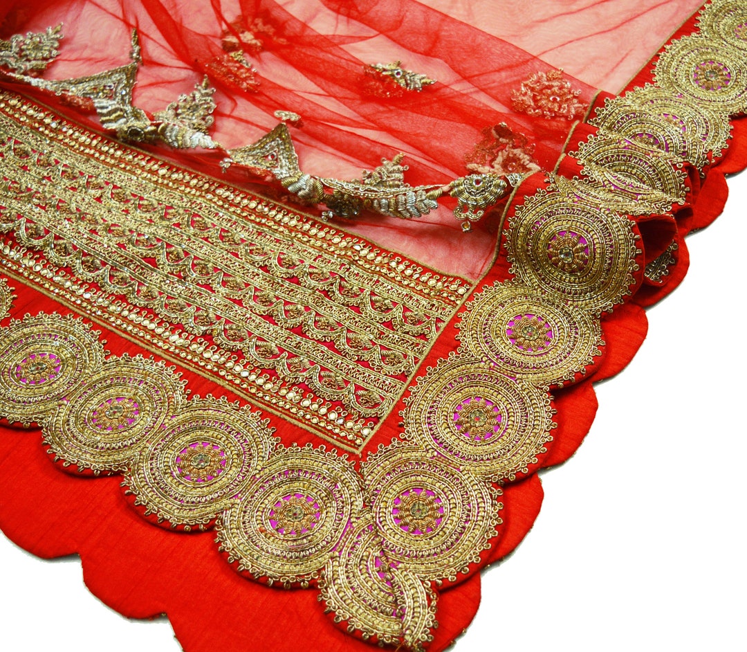 FREE SHIPPING Indian Vintage Heavy Red Dupatta Net Mesh Long Stole Hand ...