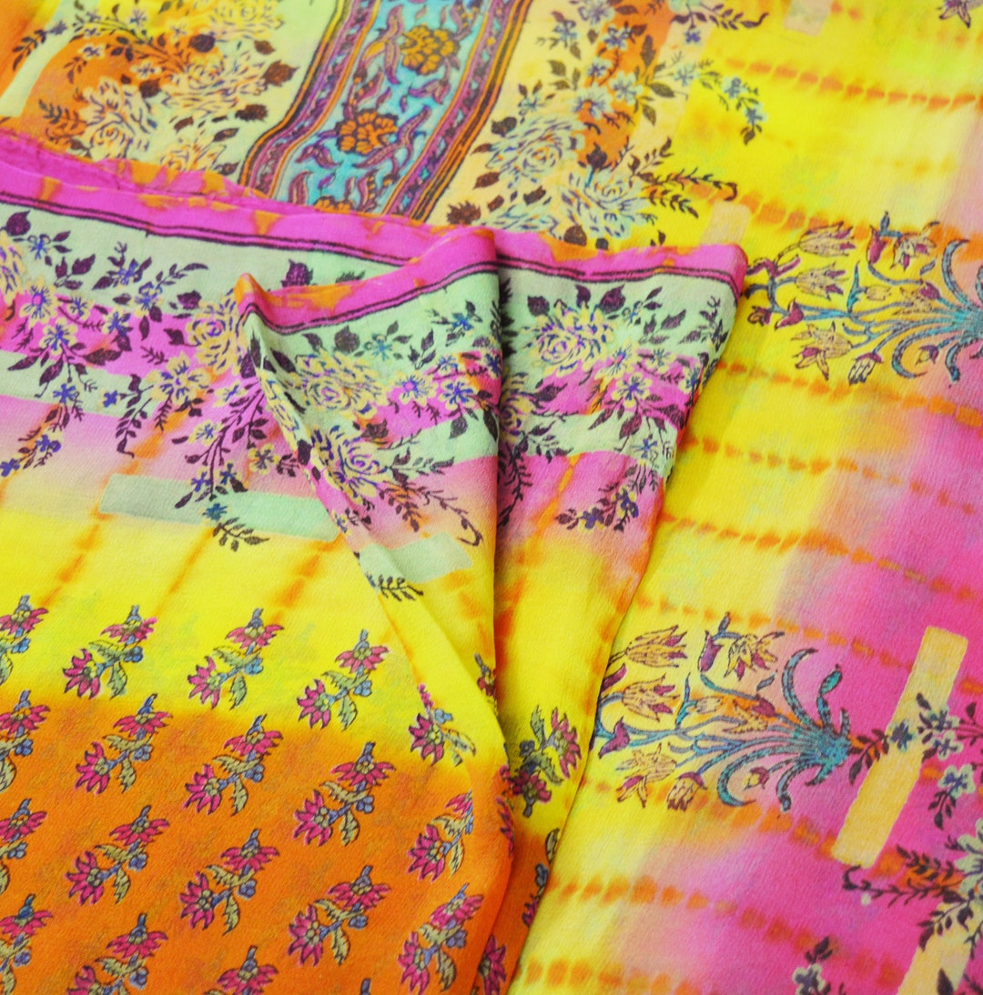 FREE SHIPPING Women Vintage Orange Saree Pure Georgette Silk Printed ...