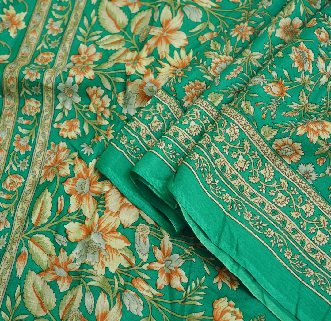 Indian Vintage Green Saree Pure Silk Printed Indian Sari Fabric 5yd ...