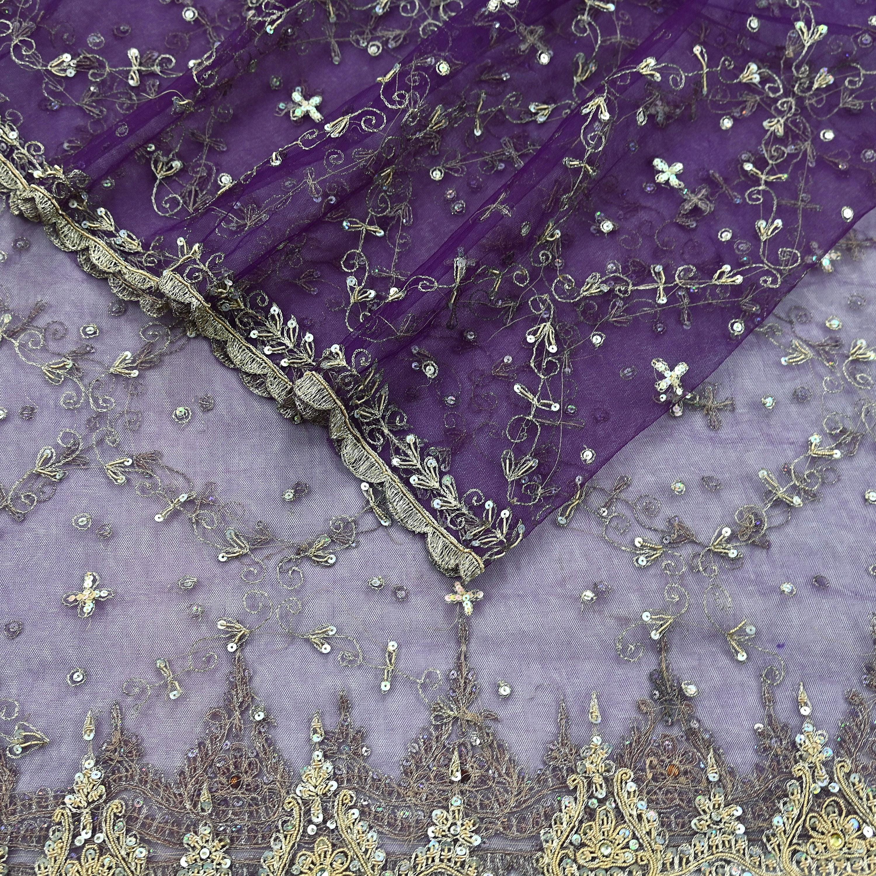 Indian Vintage Purple Dupatta Net Mesh Long Stole Hand Embroidered ...