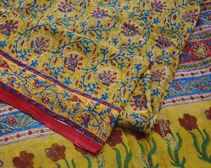 Indian Vintage Sari Green 100% Pure Georgette Silk Block Printed Sarees ...