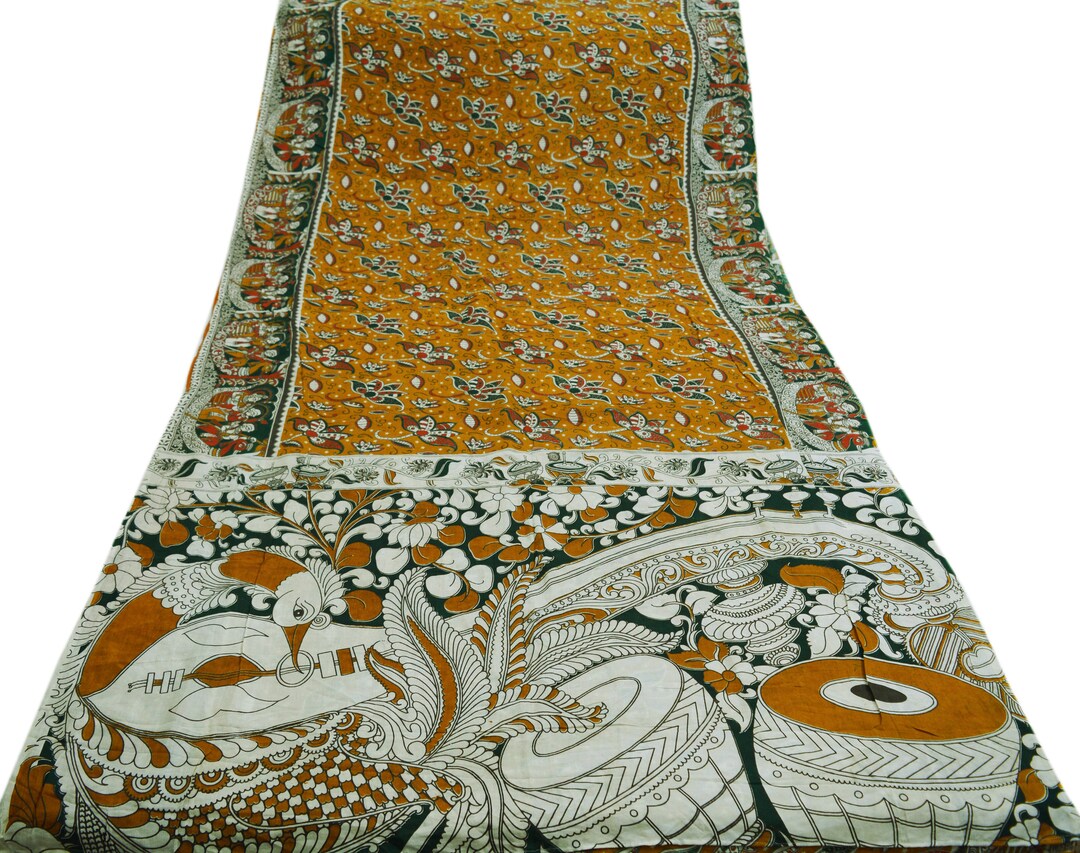 FREE SHIPPING Indian Vintage Saree Saffron Kalamkari Printed Pure ...