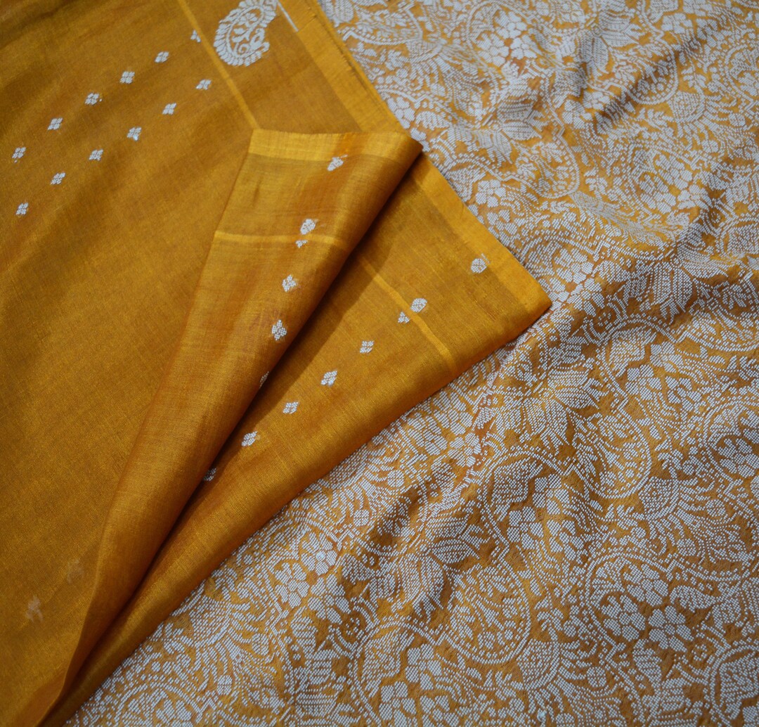 Indian Vintage Sari Saffron Artificial Silk Hand Woven Saree Fabric ...