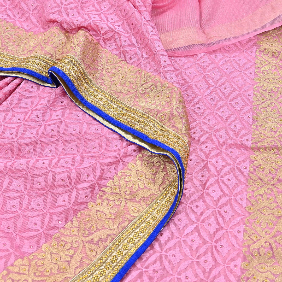 Indian Vintage Sari Pink Organza Hand Embroidered Saree Craft Fabric ...