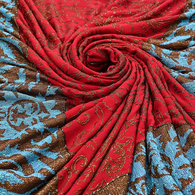 Indian Pre-owned Heavy Sari Red Pure Georgette Silk Hand Embroidered ...
