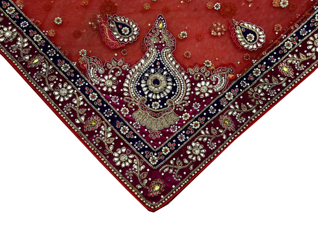 Indian Vintage Heavy Bridal Red Dupatta Net Mesh Long Stole Hand ...