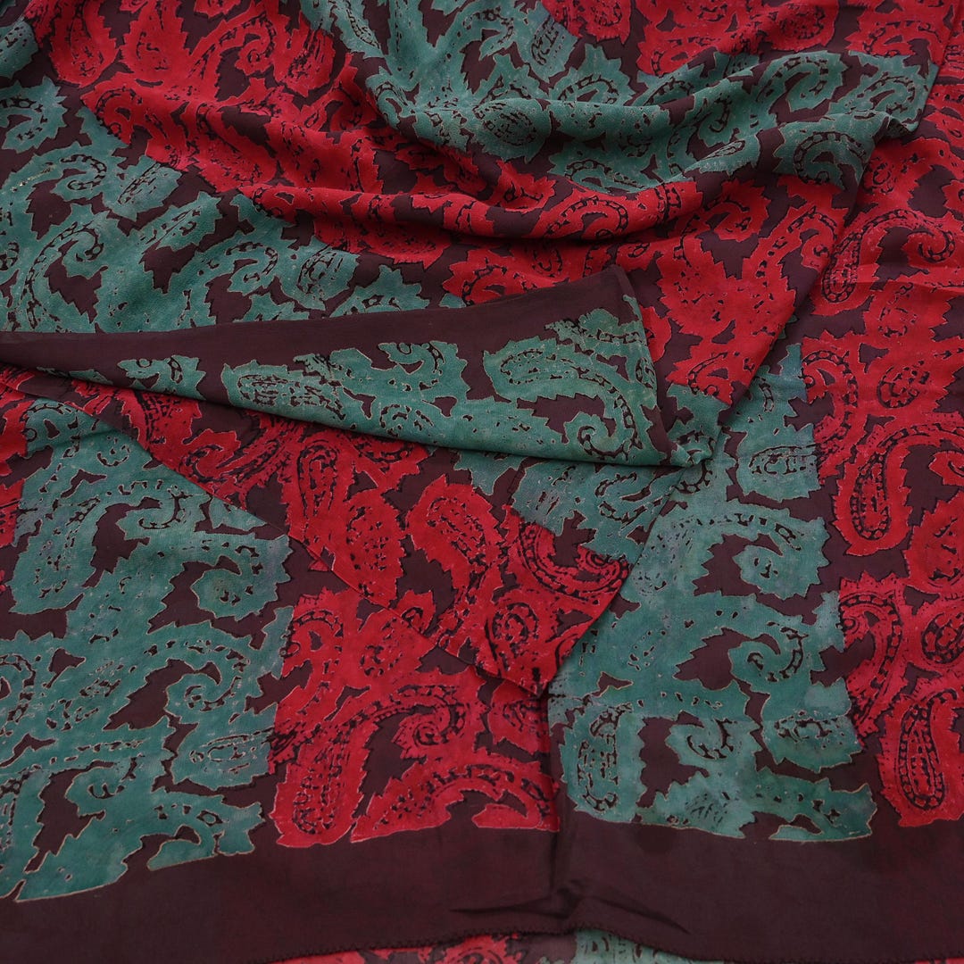 Indian Vintage Brown & Green Saree 100% Pure Georgette Silk Printed ...