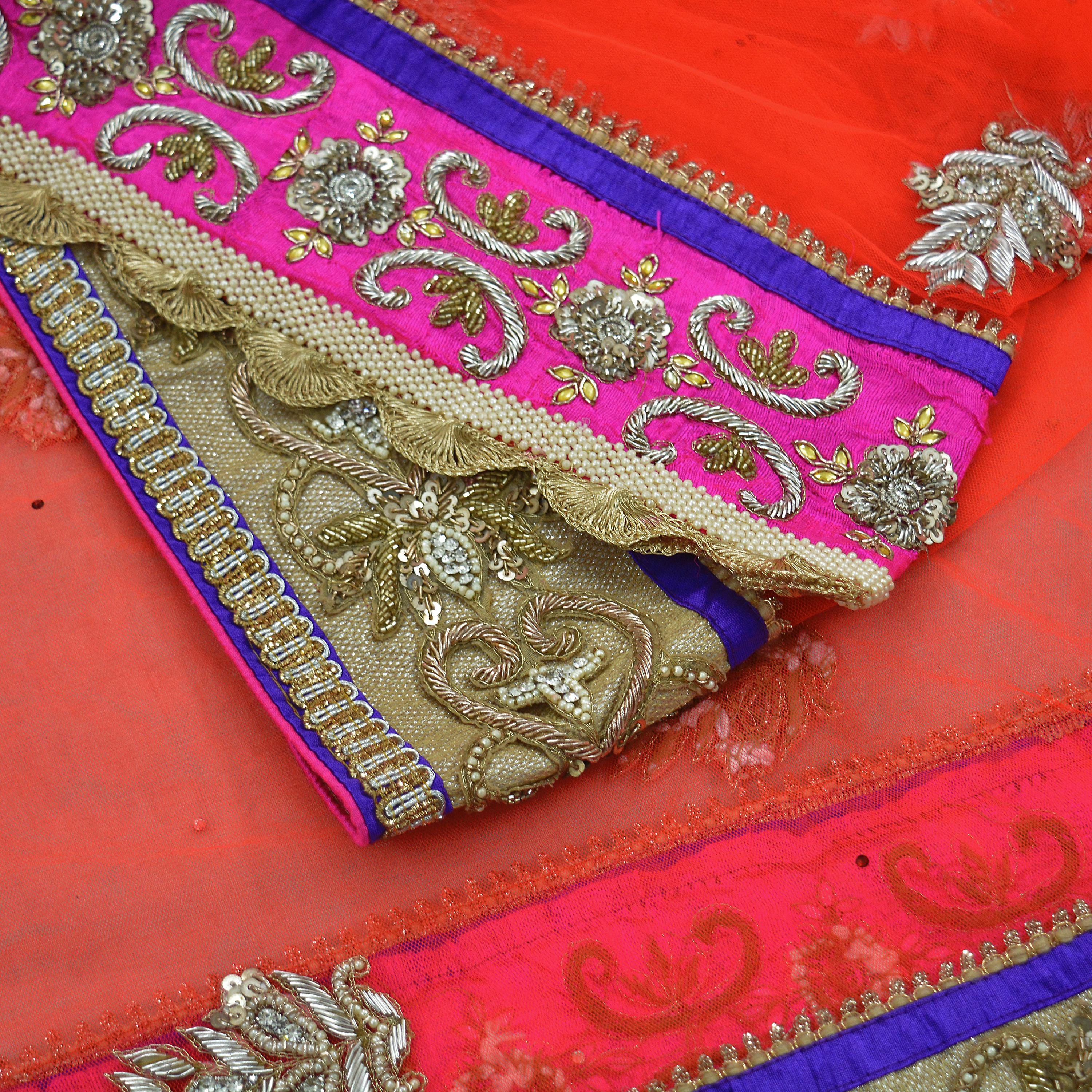Indian Vintage Heavy Bridal Red Dupatta Net Mesh Long Stole Hand ...