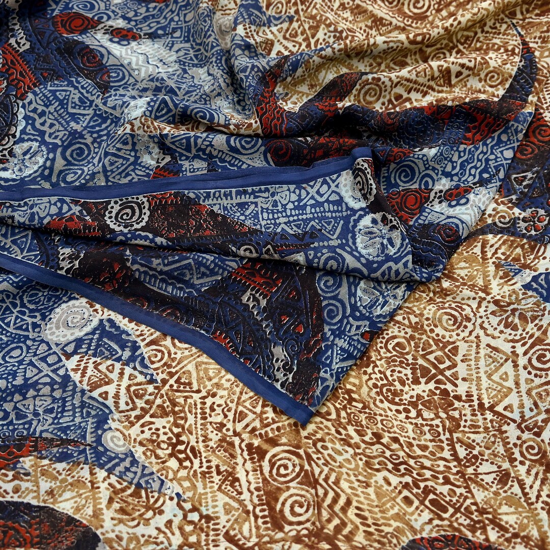 Indian Women Vintage Sari Blue & Brown 100% Pure Georgette Silk Printed ...