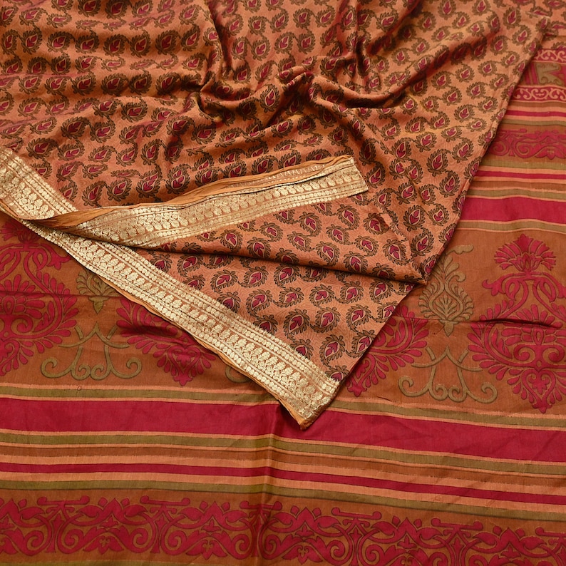 Indian Vintage Sari Red & Saffron 100% Pure Silk Printed Saree Craft ...