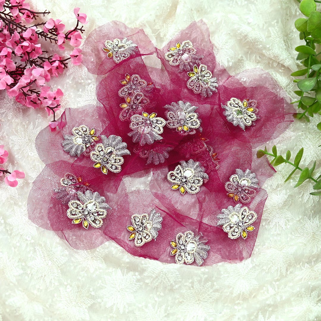 Indian Vintage Pink Net Hand-embroidered Appliques – Set of 5, Zardozi ...