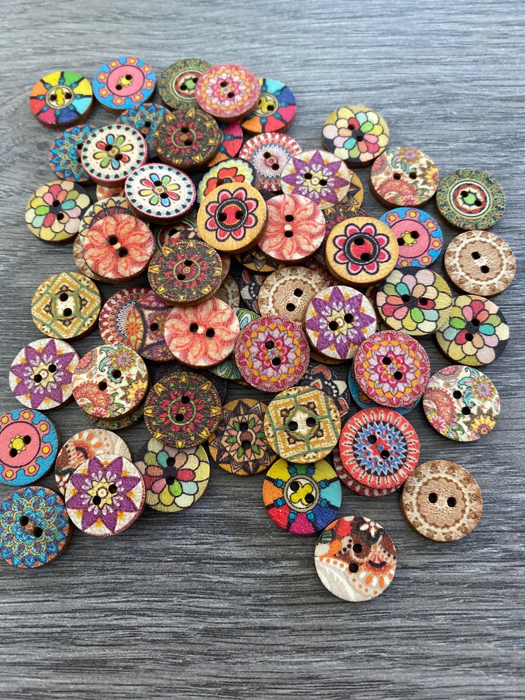 Wooden Buttons 10/20/30 Bohemian Boho Retro Style Buttons 15mm Crafting ...