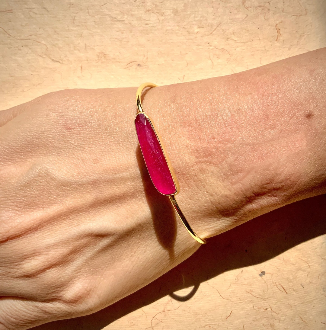 Fuchsia Pink Gemstone Bangle Gold Hot Pink Stone Cuff Bracelet Bridal ...