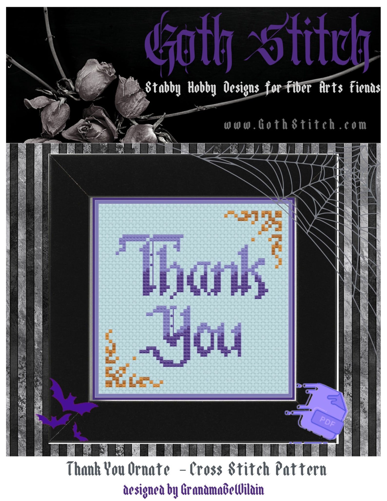 THANK YOU Gothic Cross Stitch Pattern Chart PDF Modern Goth Pop Culture ...