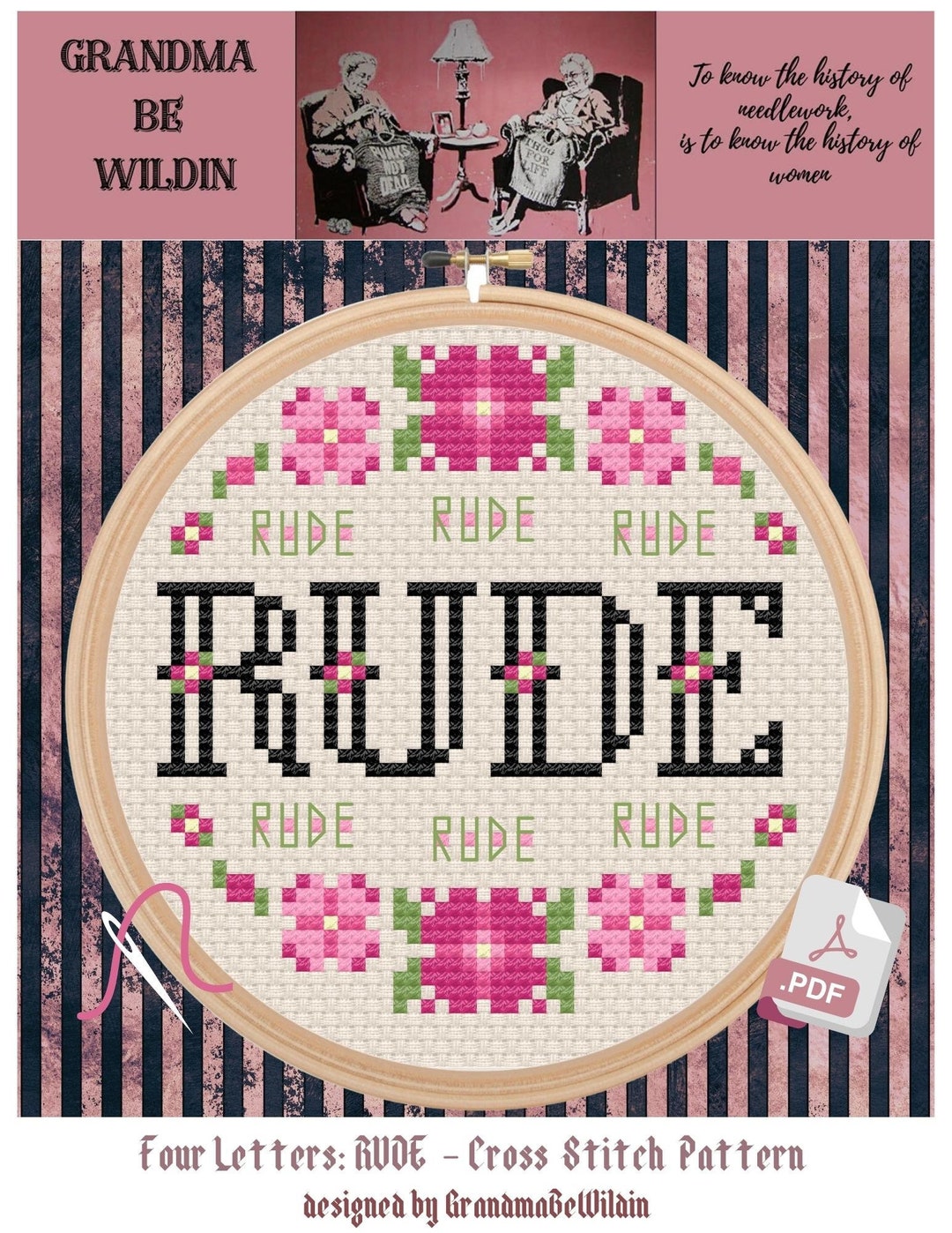 Four Letters: "rude" Beginner Cross Stitch Pattern Chart PDF Big Mood ...