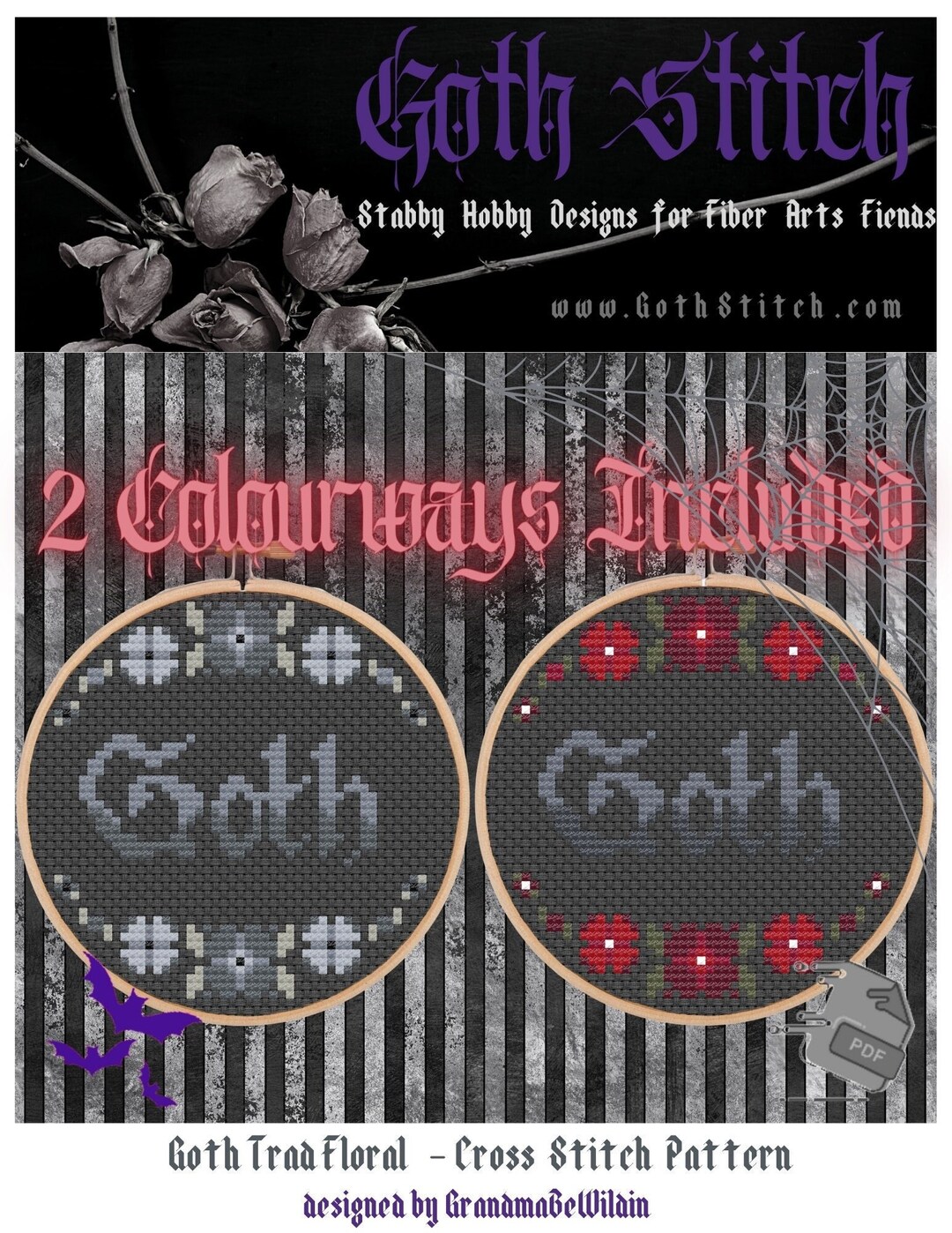 GOTH Trad Floral Easy Cross Stitch Pattern Chart PDF Big Mood Funny ...