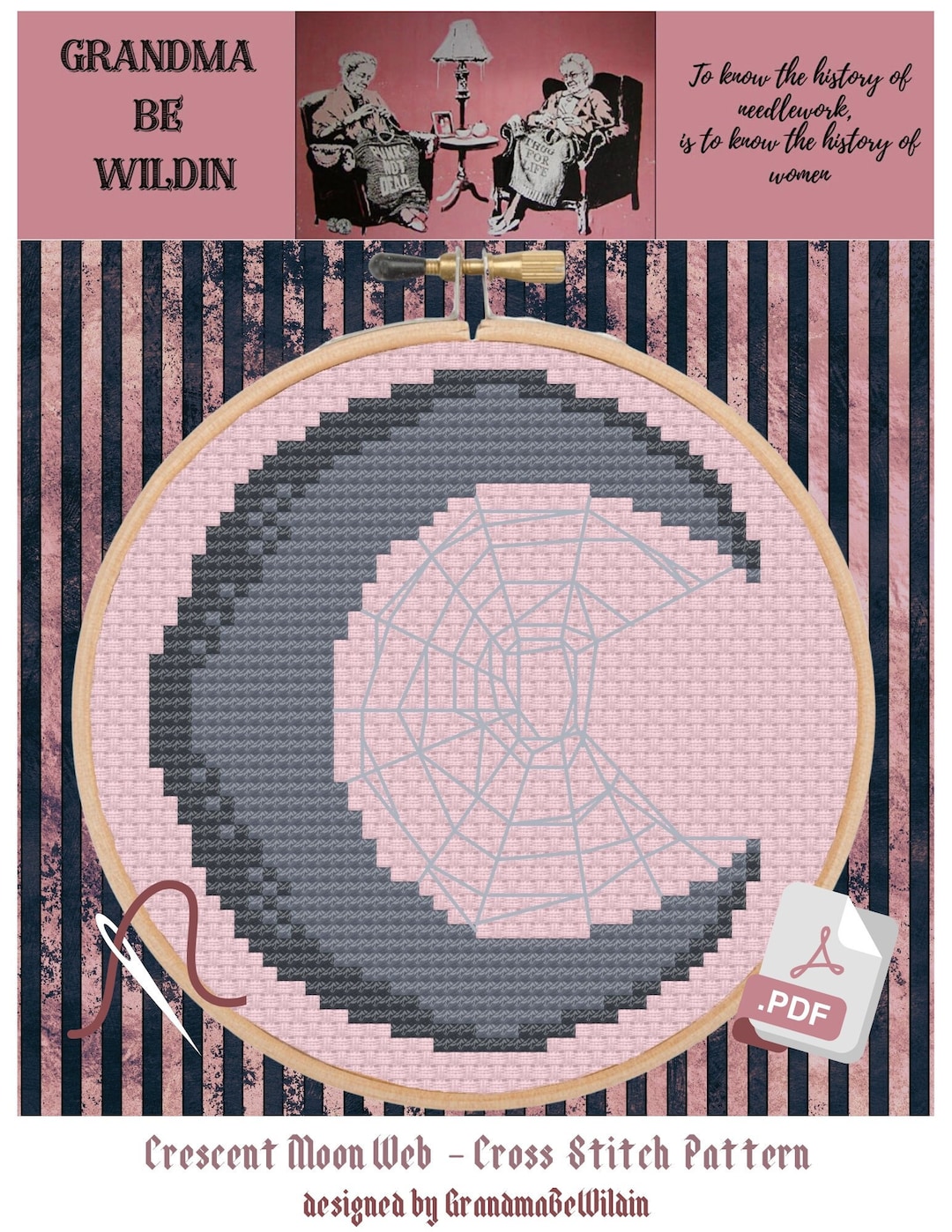 Crescent Moon Web Gothic Cross Stitch Pattern PDF Modern Goth Pop ...