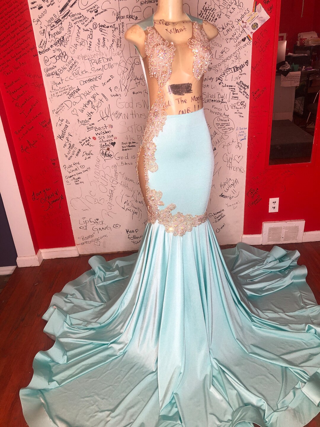 Aqua Prom Dress With Appliqué Placement Mesh Side - Etsy