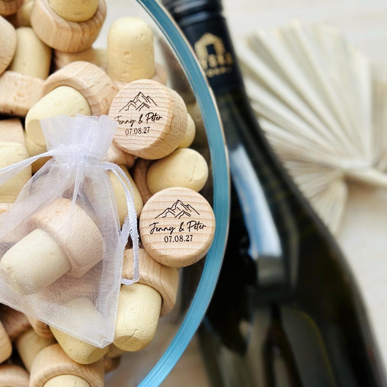 Personalized Wine Bottle Stopper Wedding Favors With Greenery Card and ...