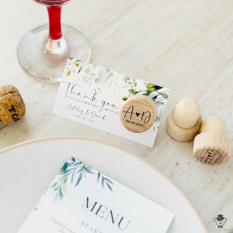 Personalized Wine Bottle Stopper Wedding Favors With Greenery Card and ...