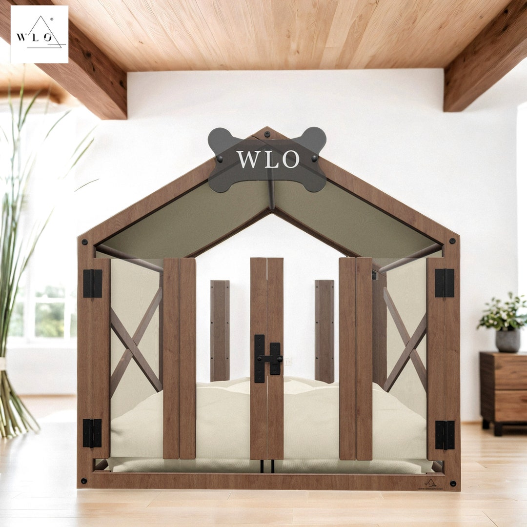 WLO® Walnut Gabled Modern Dog House, Premium Wooden Dog House With Free ...