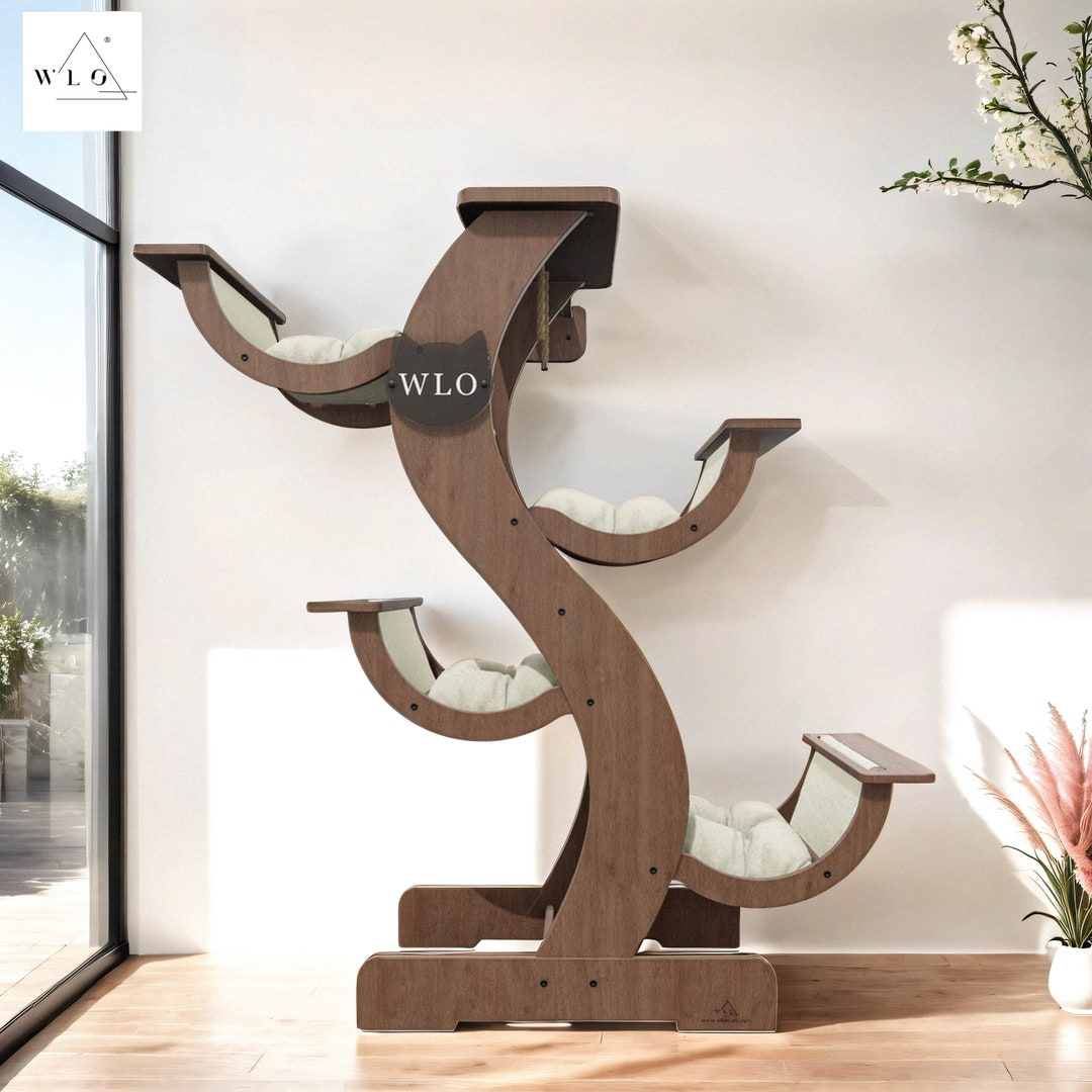 WLO® Walnut Skyline Modern Cat Tree, Premium Wooden Cat Tree With Free ...