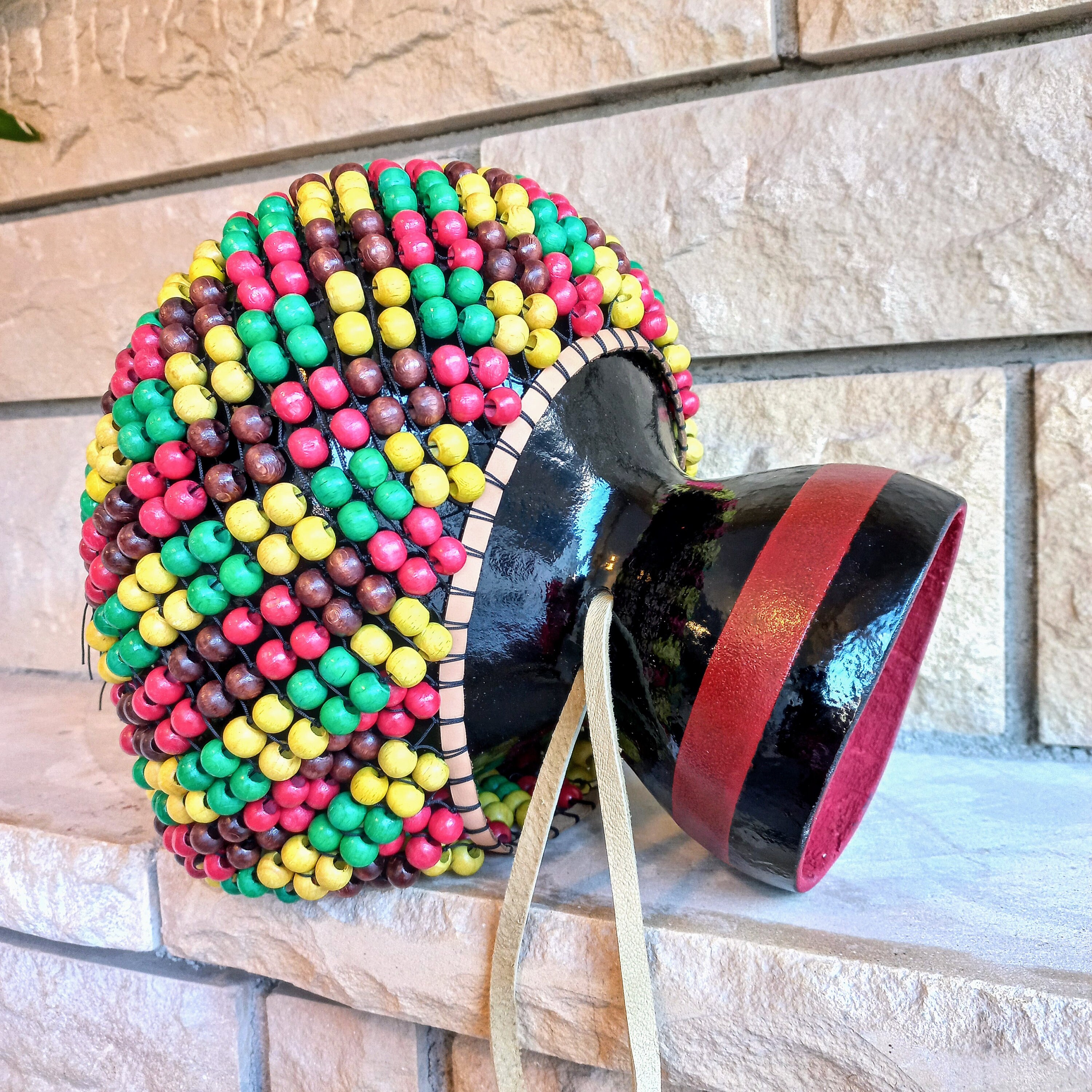 Red Green Yellow Beaded Black Gourd Shekere Instrument, Latin ...
