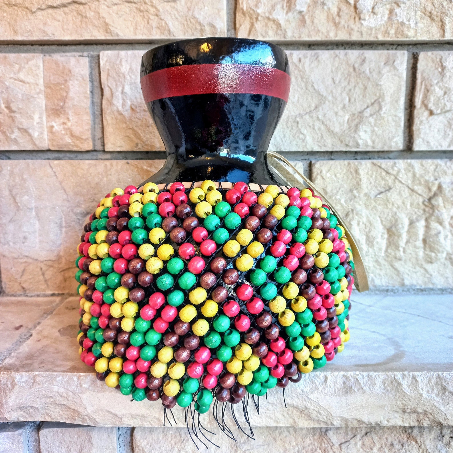 Red Green Yellow Beaded Black Gourd Shekere Instrument, Latin ...